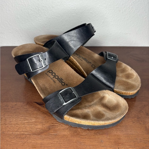 Papillio | Shoes | Papillio Black Leather Sandals With Brown Footbed ...